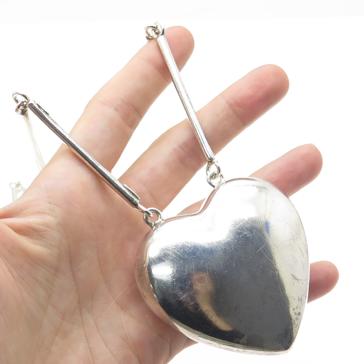 925 Sterling Silver Vintage Mexico Puffy Heart Bar Chain Necklace 32 ...